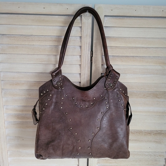 Frye | Bags | Frye Vintage Studded Distressed Brown Large Shoulder ...